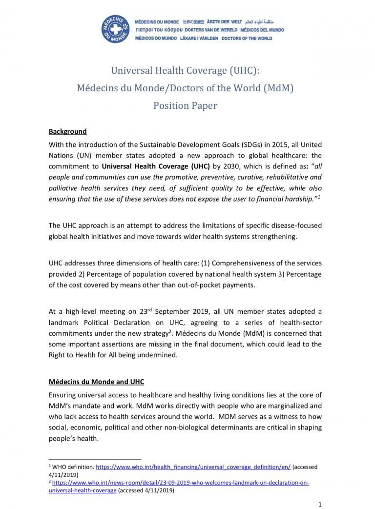 Universal Health Coverage (UHC): Position Paper - Doctors of the World